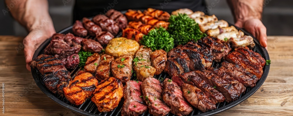 A bodybuilder enjoying a mixed grill platter with different types of ...