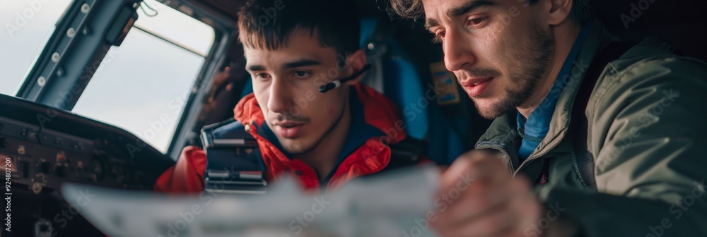 Two pilots seated in the cockpit of an aircraft discussing the flight ...