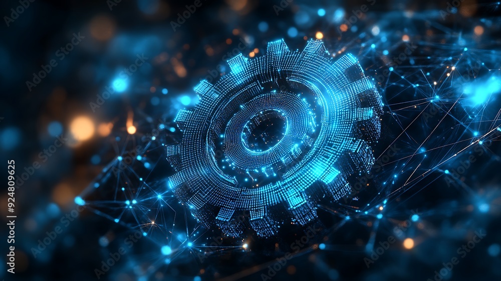 Digital 3d gear icon with binary code, artificial intelligence in ...