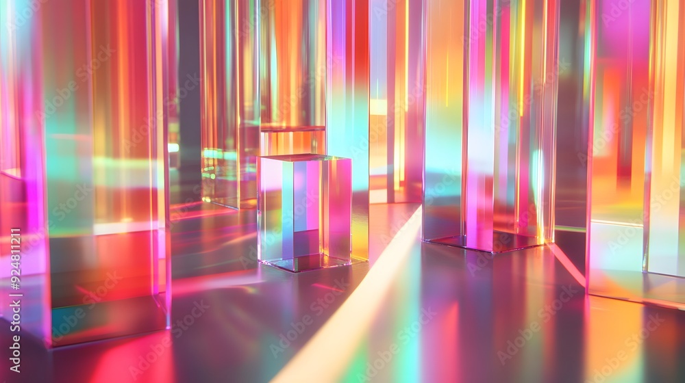 42. Floating, multi-colored prisms with shifting light effects and a ...