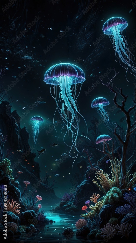 Deep Sea nightscape concept. A night-time underwater scene featuring ...