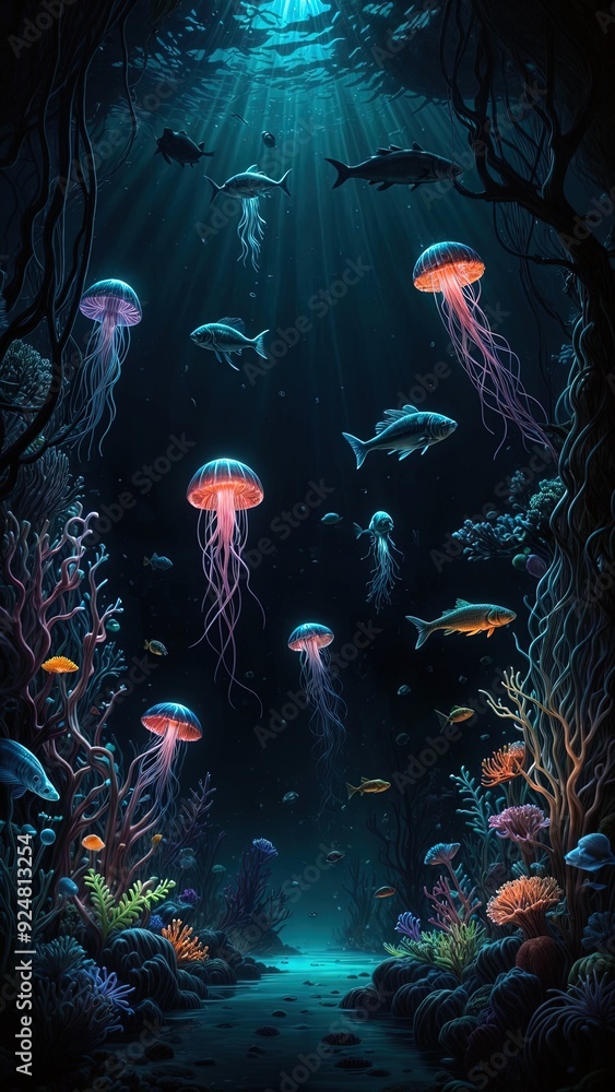 Deep Sea nightscape concept. A night-time underwater scene featuring ...