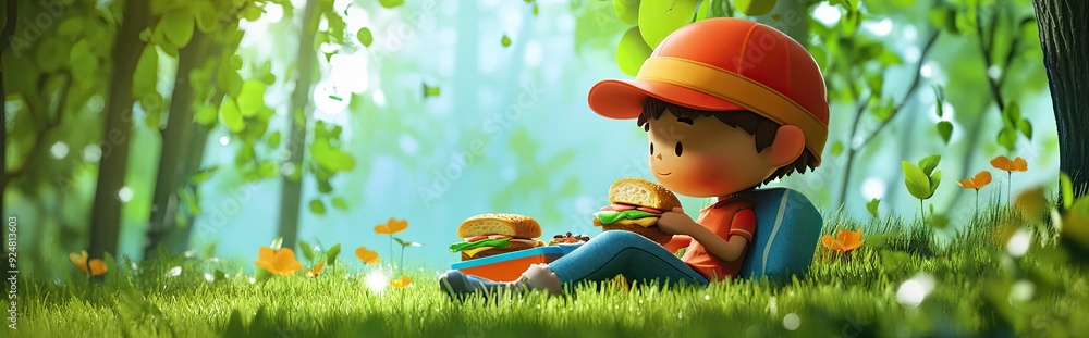 3D cartoon of a hungry character munching on a sandwich in a vibrant ...
