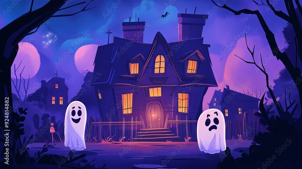 Haunted Halloween Haunt: A spooky Victorian house glows under an eerie ...
