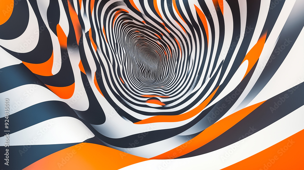 Orange and white stripes twist into a hypnotic tunnel, forming a 3D ...