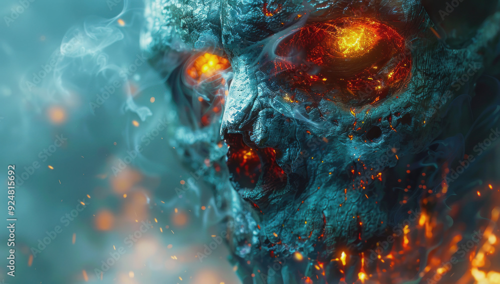 Zombie with scary face, damaged skin, blood on face and mouth. Creepy ...