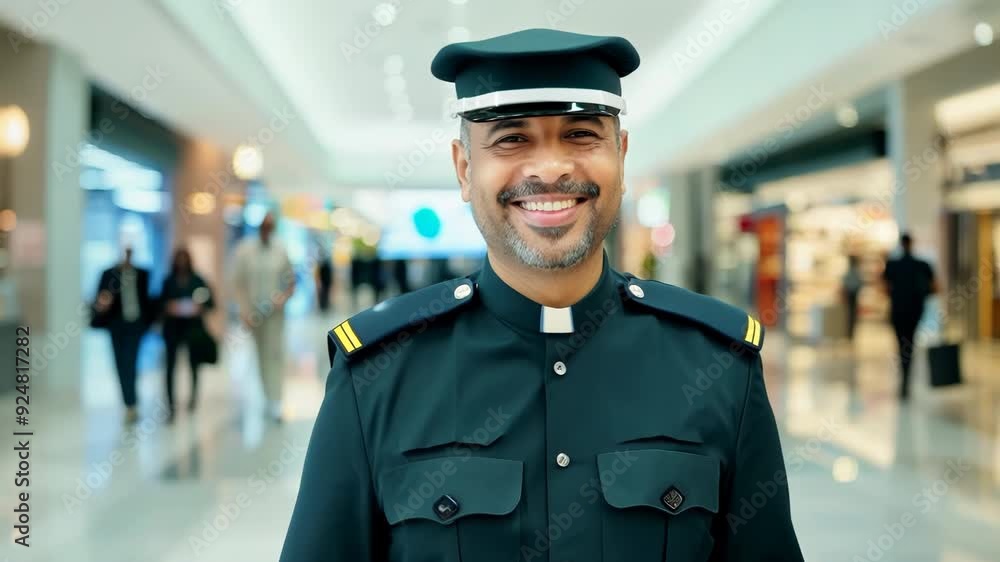 Portrait of an arabic security guard smiling at camera while standing ...