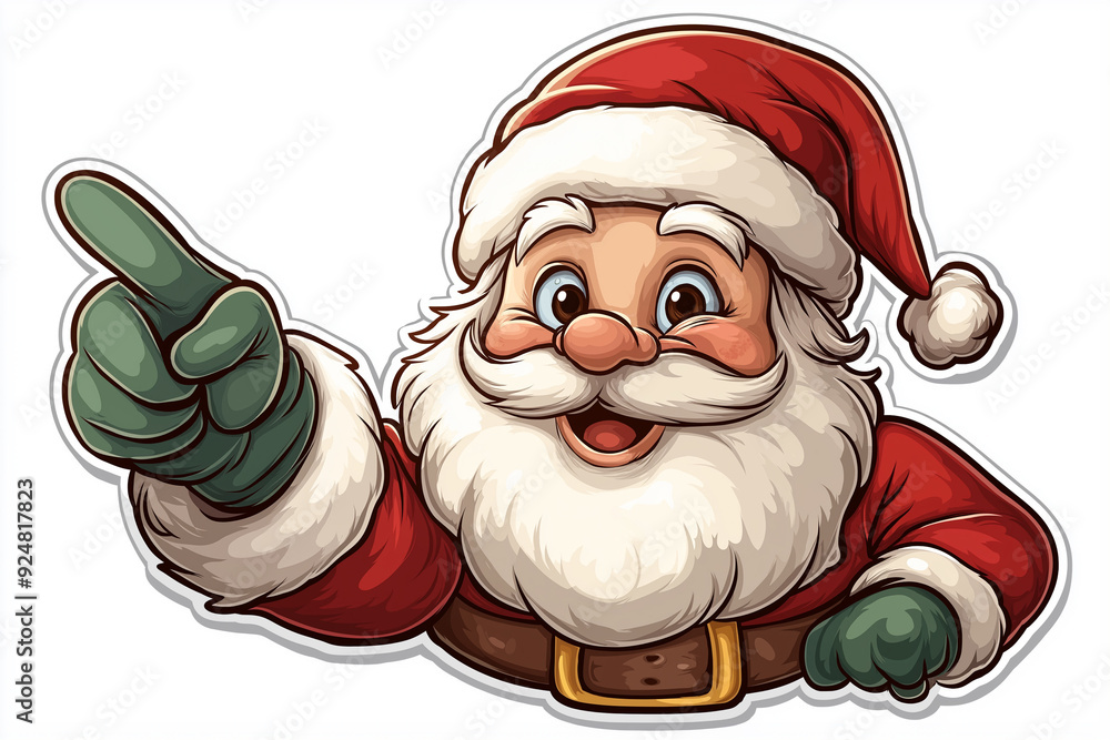 Santa Claus, a cartoon character, is peeking over a sign and pointing ...