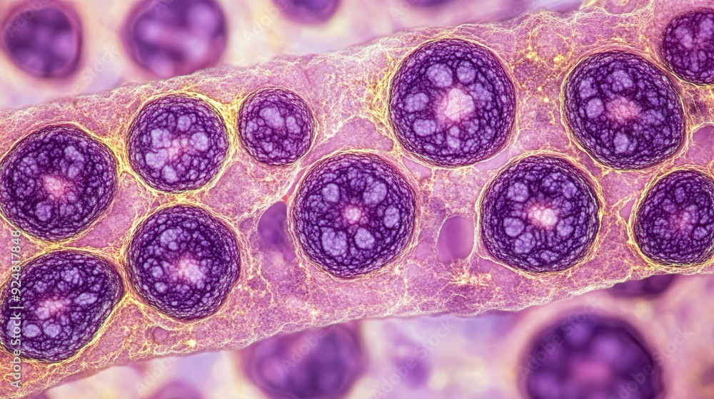 A close-up microscopic view of a human salivary gland, depicting its ...