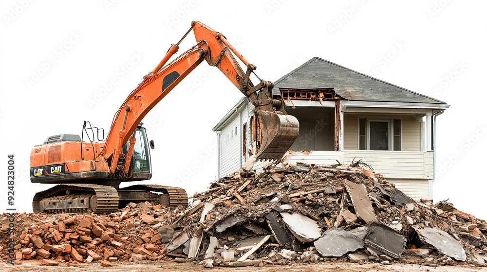 Demolition of a suburban home's porch by an excavator, with debris ...