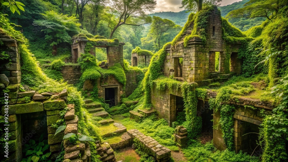 Ancient crumbling stone structures overgrown with vines and moss ...
