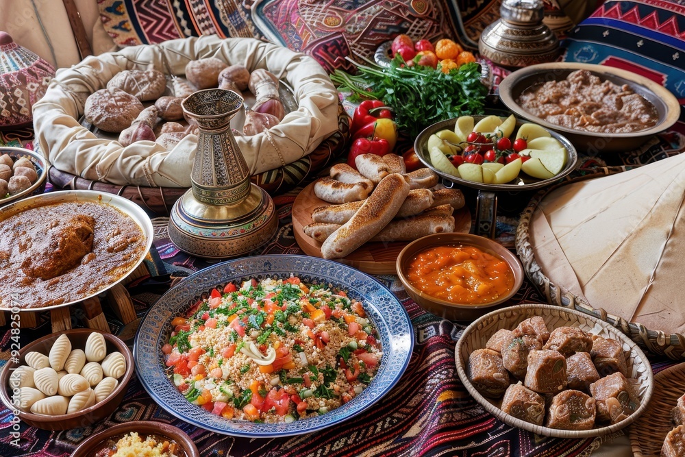 Kazakh feast with traditional dishes in a yurt Stock Photo | Adobe Stock