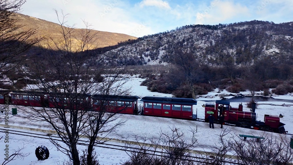 Fin Del Mundo Train At Ushuaia In Tierra Del Fuego Argentina. Snow ...