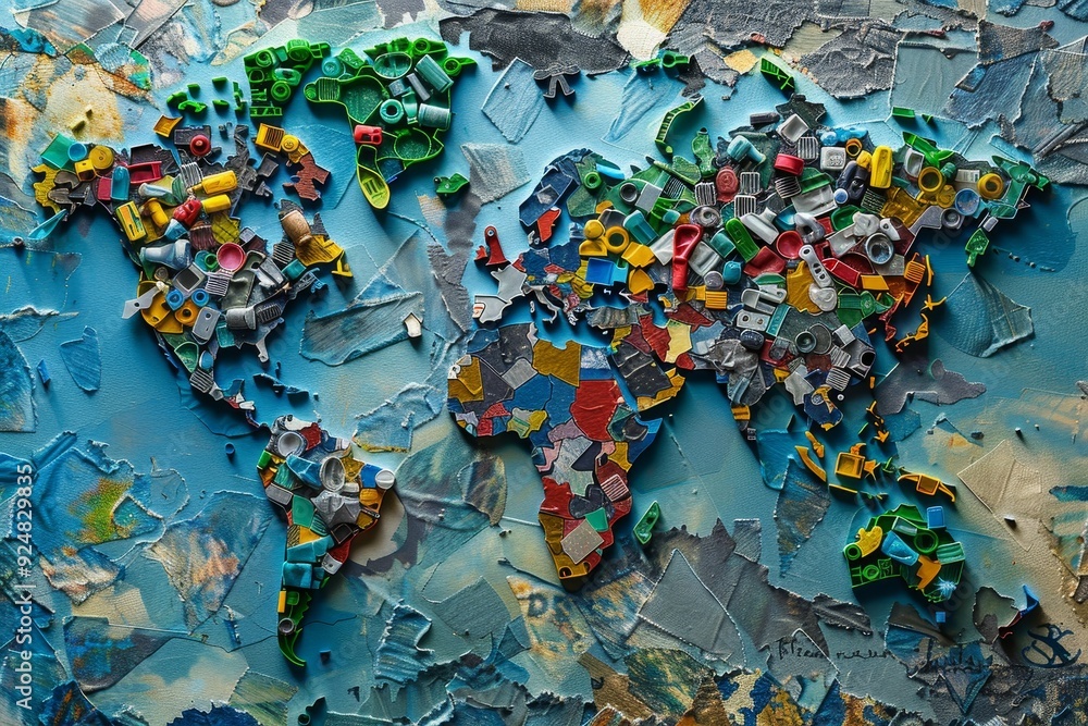 map made of garbage on white surface, world map made up of recycling ...