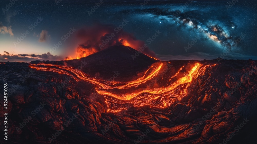 A breathtaking view of a volcano erupting with flowing lava and smoke ...