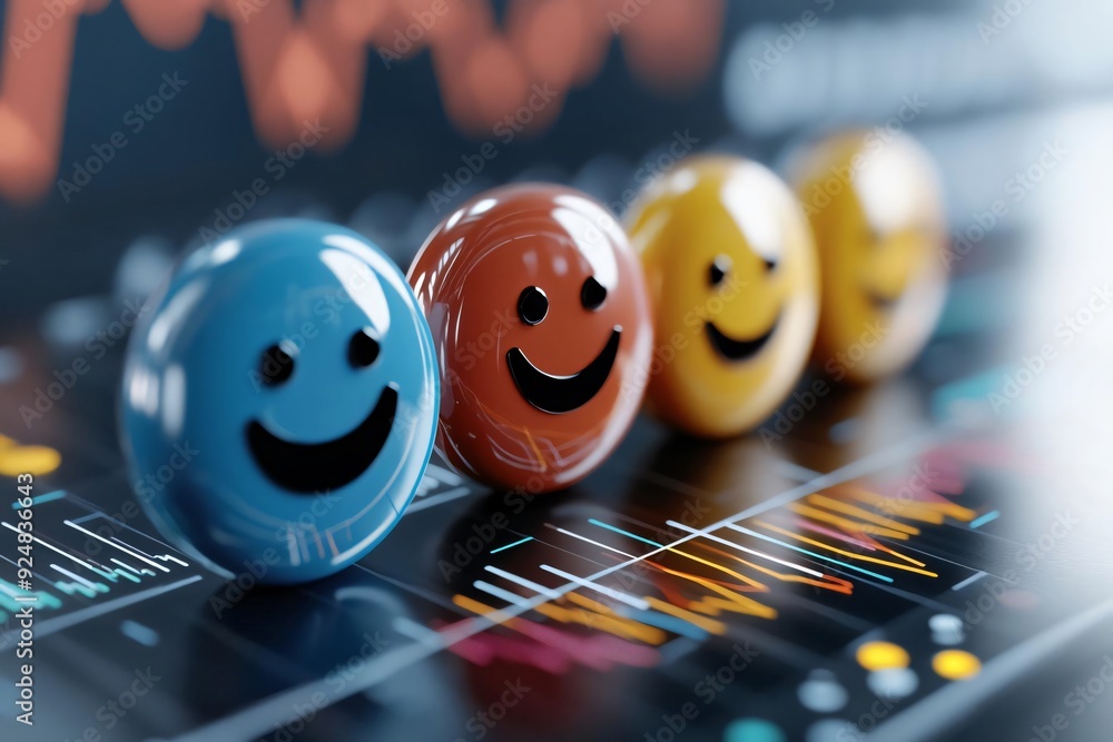 Colorful smiley faces lined up on a digital graph, representing ...