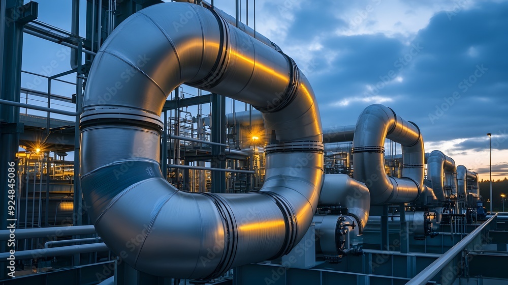 A large pipe is bent into a circle. The pipe is silver and is ...