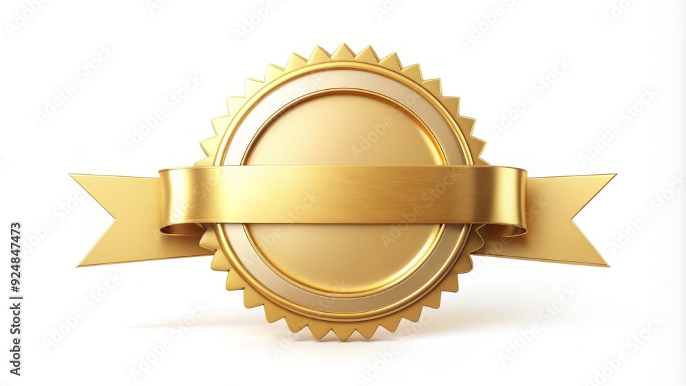 Golden shiny metallic badge mockup template with ribbon and blank ...