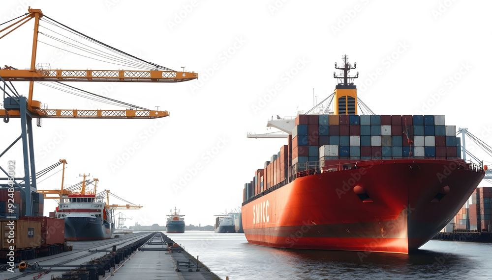 Container ship loading and unloading in cargo port isolated with white ...