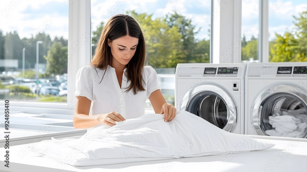 Young woman folding white laundry in a bright, modern laundry room ...