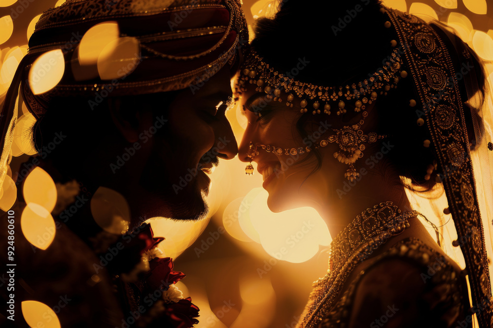 Indian bride and groom romantically holding together, a backlit scene ...