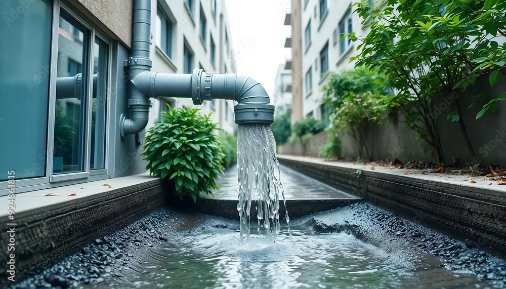 Detailed view of rainwater overflow pipe leading to drainage system ...