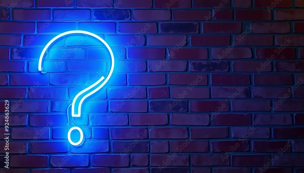 Neon blue question mark on brick wall, Doubt, and exam concept. Quiz ...