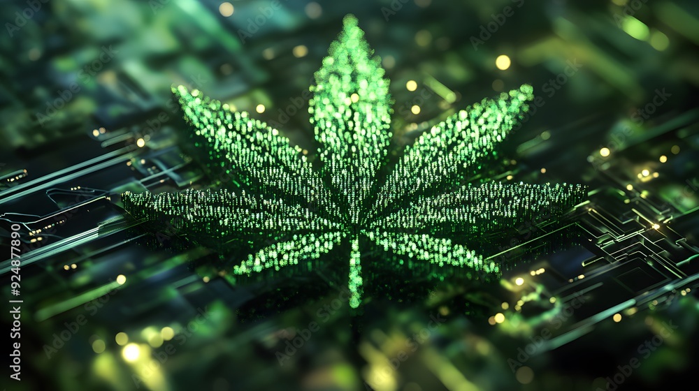 Marijuana leaves on a pixel technology background, close up top view on ...