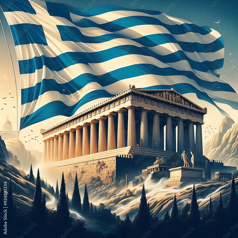 illustration for greek independence day with a waving flag and ...