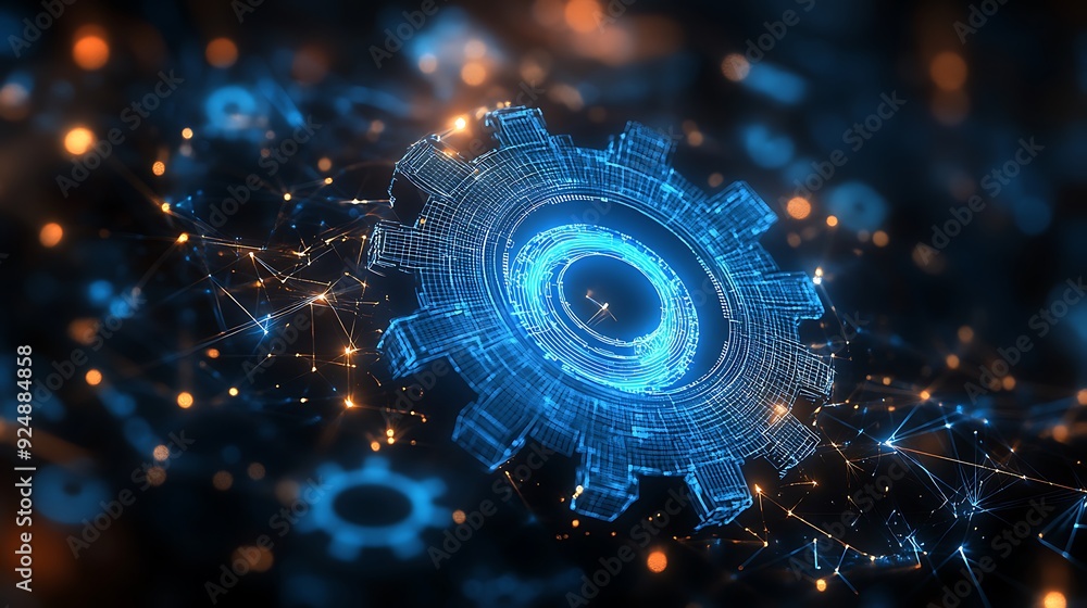 Digital 3d gear icon with binary code, artificial intelligence in ...