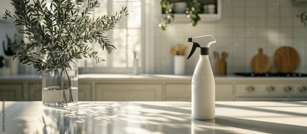 Simple minimalist white eco-friendly kitchen spray bottle sunlight ...