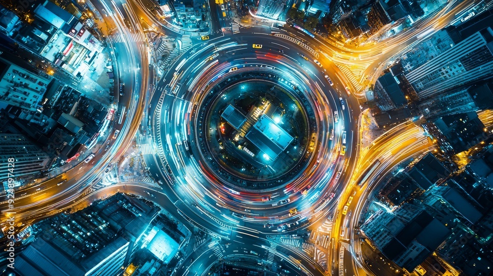 traffic driving around a circular urban freeway, shot from birds eye ...