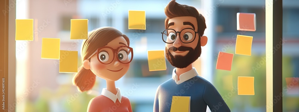 3D cartoon characters of business people brainstorming with sticky ...
