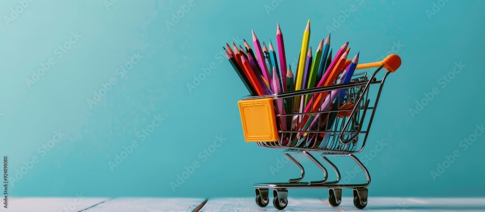 Macro view of tiny shopping cart filled with school supplies on a blue ...