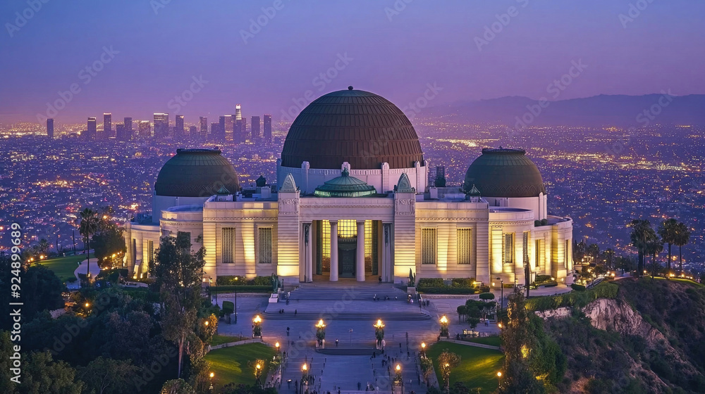 Griffith Observatory with its iconic dome and panoramic cityscape views ...