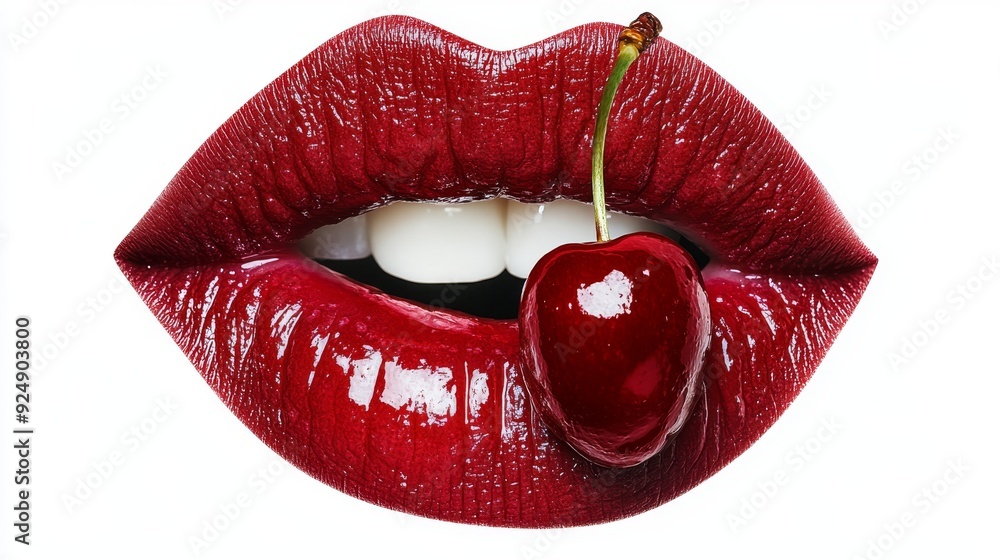The lips of a woman with a cherry in her mouth. Isolated female lips ...
