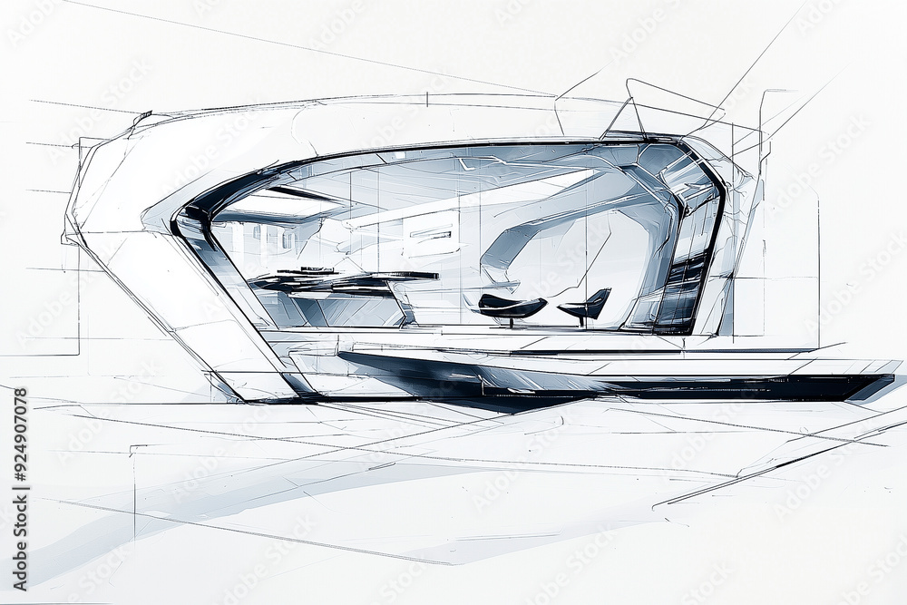 Hand drawing sketch. futuristic building. modern trendy clean ...
