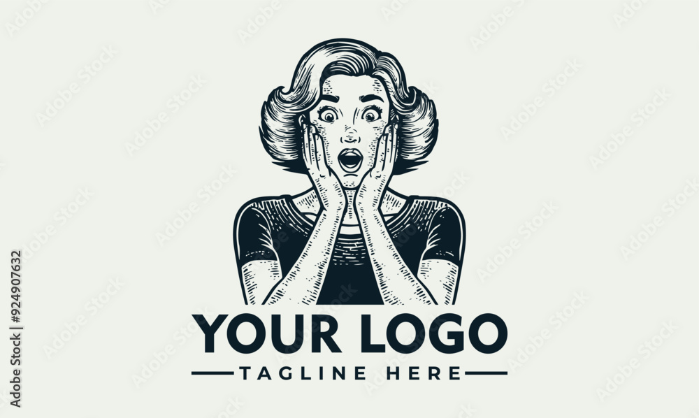 surprised woman expression with open mouth vector logo, wide eyes ...