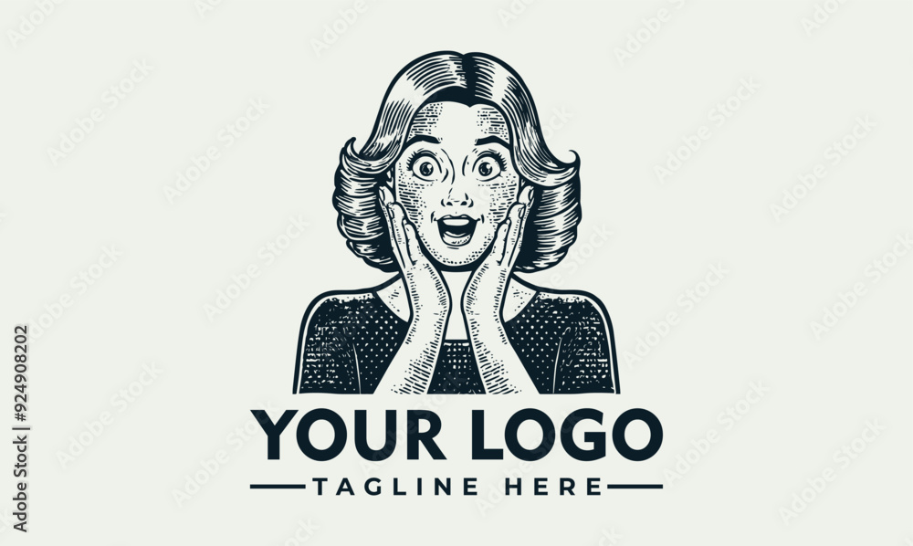 surprised woman expression with open mouth vector logo, wide eyes ...
