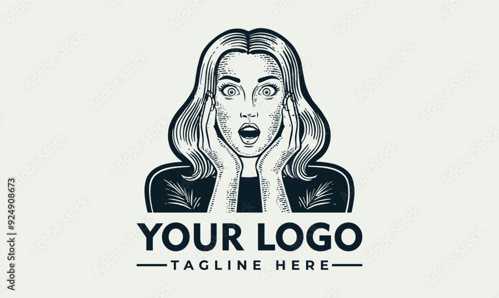 surprised woman expression with open mouth vector logo, wide eyes ...