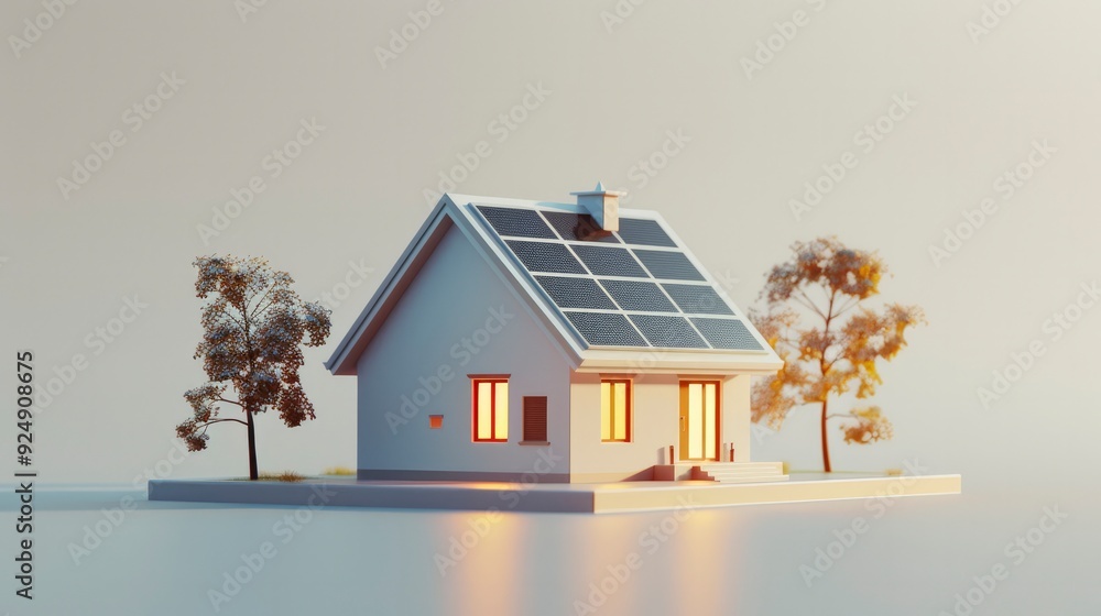 Volumetric 3D model of modern house, cottage with solar panels on the ...