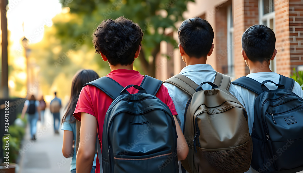 Rear view of youthful interracial pupils of secondary school with ...