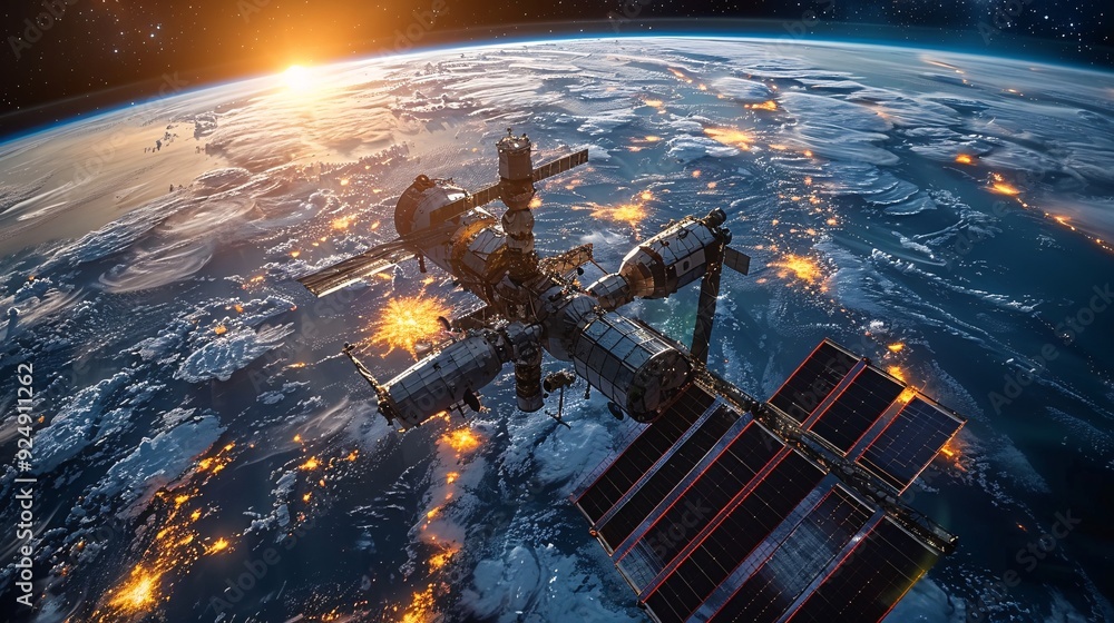 Solar Cells in a Space Station: Solar cells installed on a futuristic ...