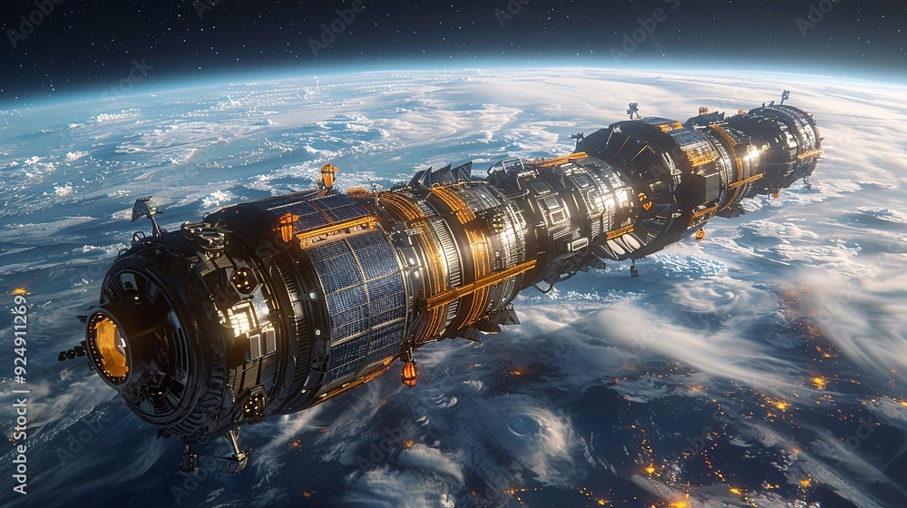 Solar Cells in a Space Station: Solar cells installed on a futuristic ...