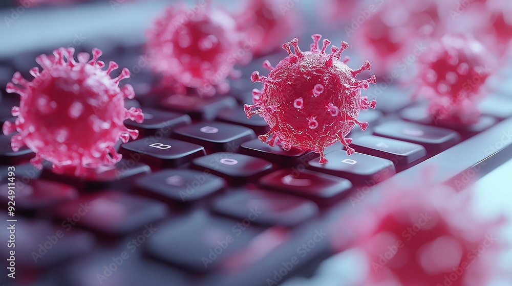 Viruses on a keyboard in an office setting â€“ A 3D illustration of ...