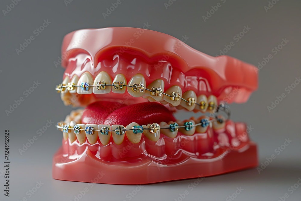 A detailed lifelike model of teeth fitted with orthodontic braces ...