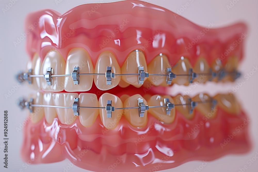 A detailed lifelike model of teeth fitted with orthodontic braces ...