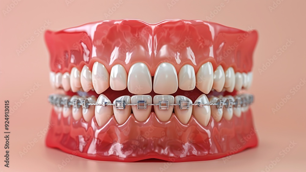 A detailed lifelike model of teeth fitted with orthodontic braces ...