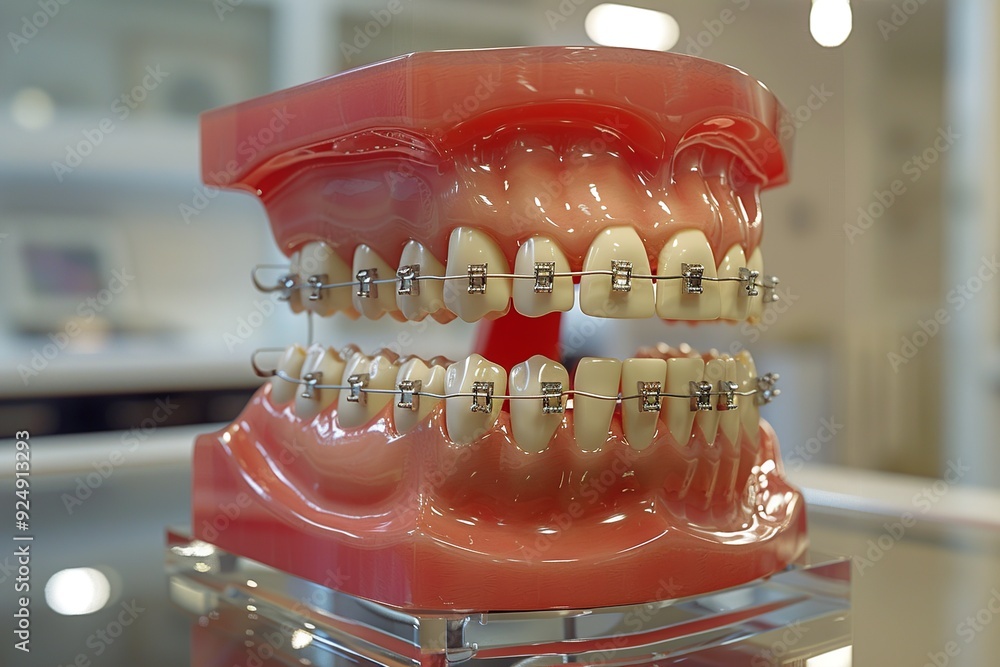 A detailed lifelike model of teeth fitted with orthodontic braces ...