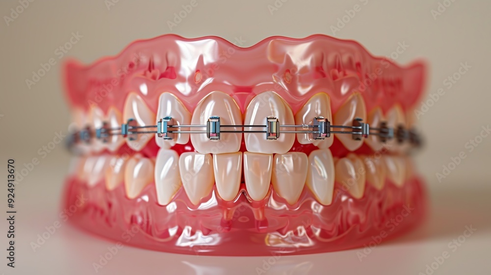 A detailed lifelike model of teeth fitted with orthodontic braces ...